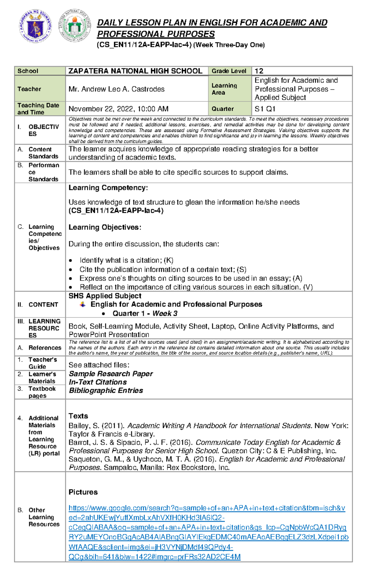 DLP-COT 1-S1-Q1 (English for Academic and Professional Purposes) - Citing Sources Lesson Plan ...