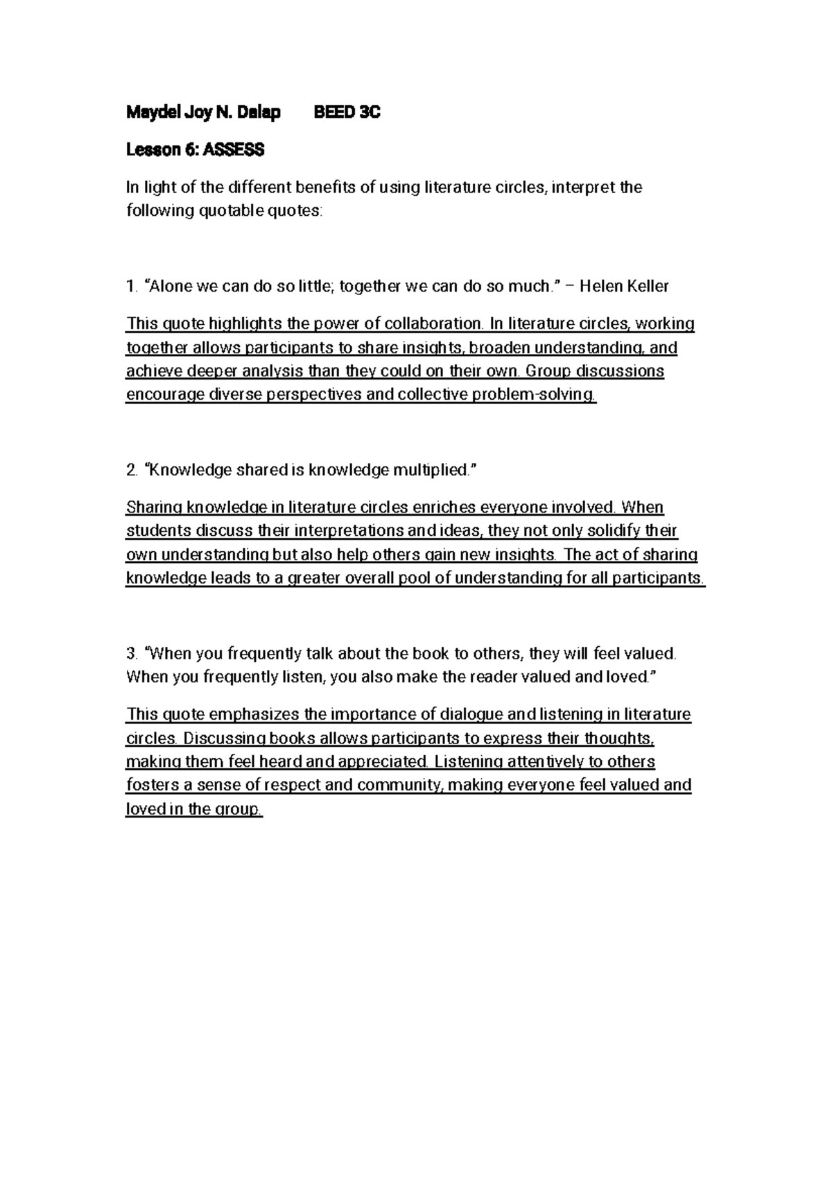 BEED 3C Lesson 6: Benefits of Literature Circles & Quotes Analysis ...