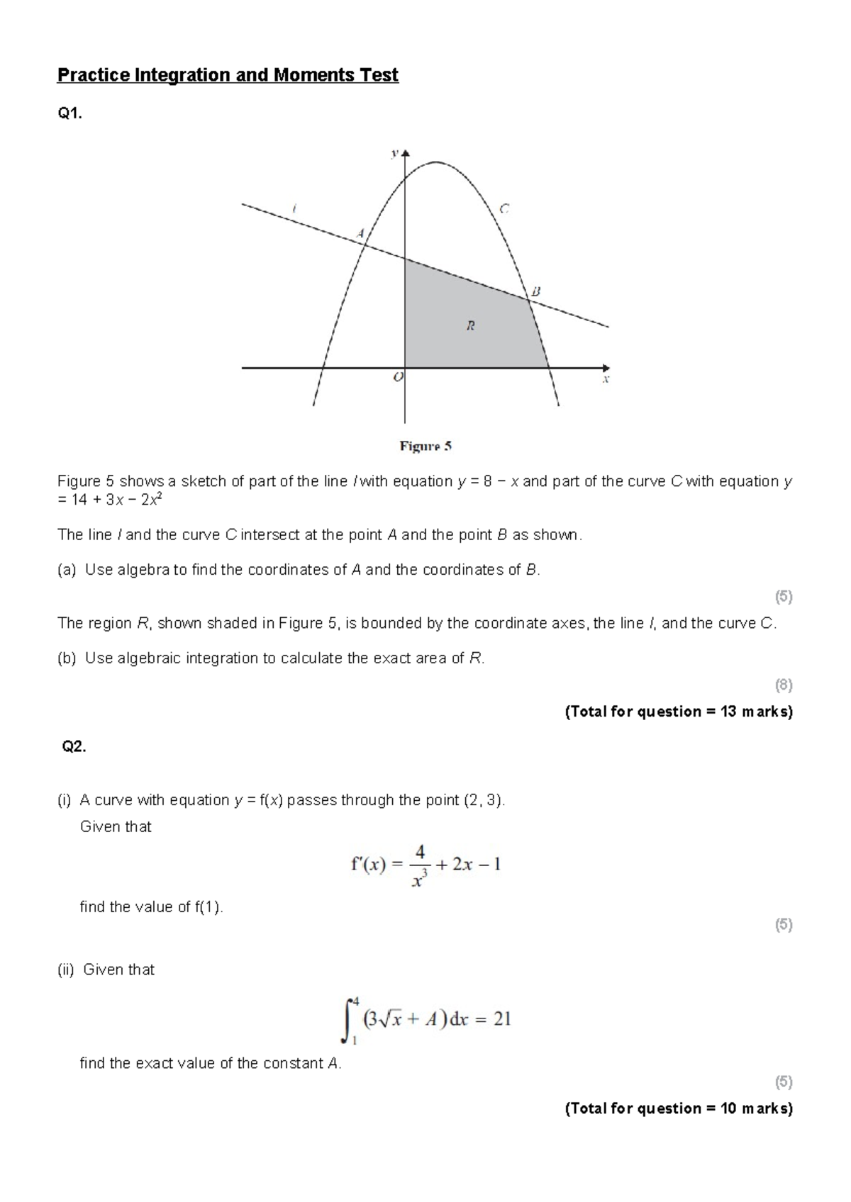 Practice Integration and Moments Test Q1-Q6 - Studocu