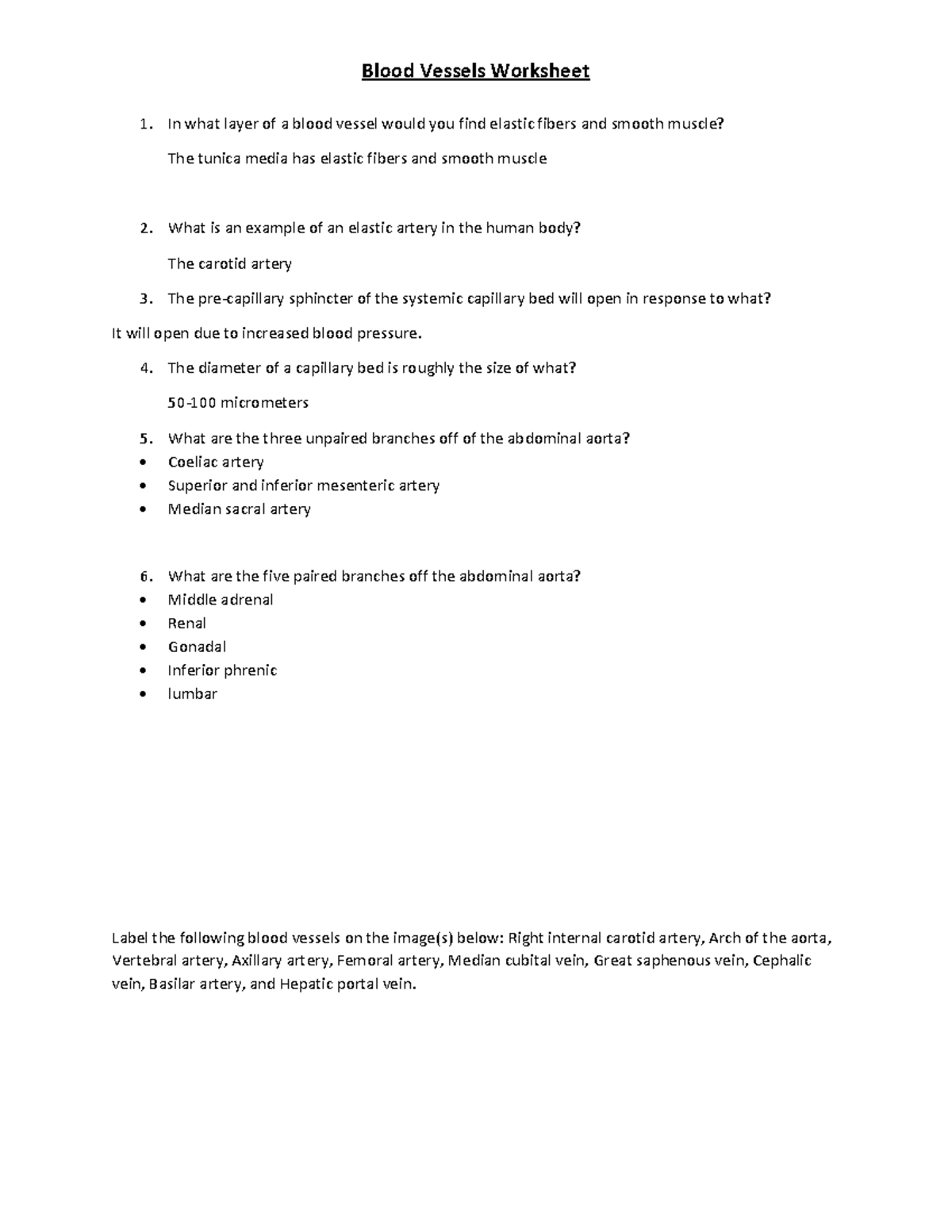 BIOS255 - Blood Vessels Worksheet: Key Concepts & Questions - Studocu