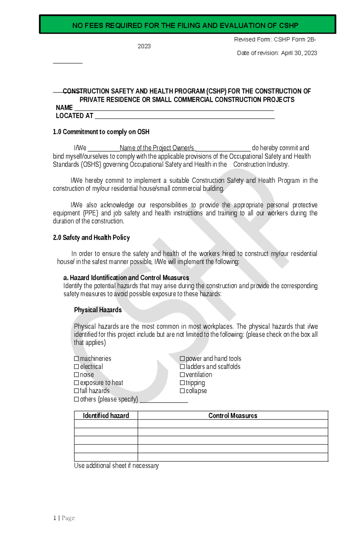 CSHP 2023 Form 2B: Construction Safety & Health Program Guidelines ...