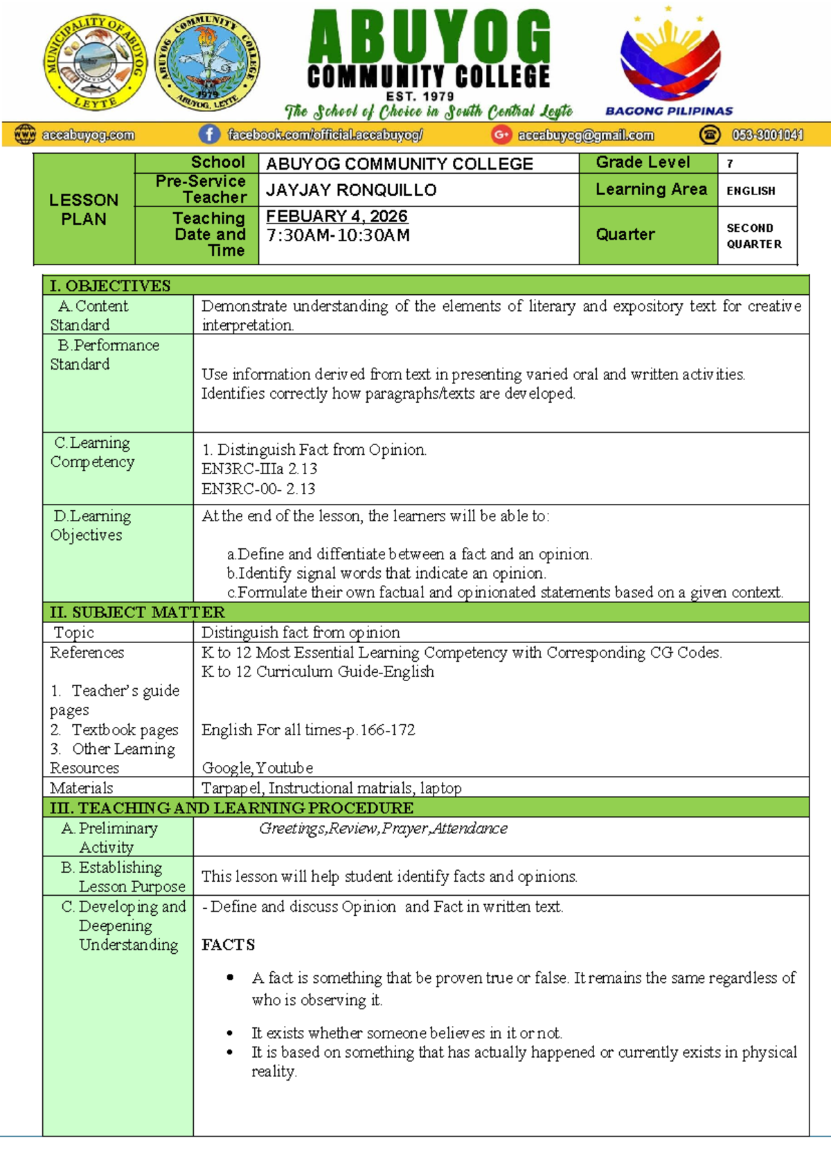 LESSON PLAN: Distinguishing Fact from Opinion (Grade 7, ENGLISH) - Studocu