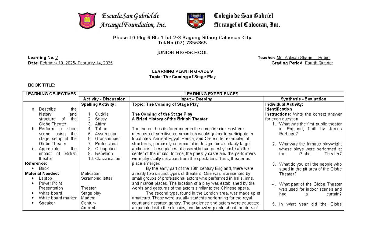 Bobis G9 Drama LP2 - LESSON PLAN - Tel (02) 7856865 JUNIOR HIGHSCHOOL Learning No. 2 Teacher: Ms ...