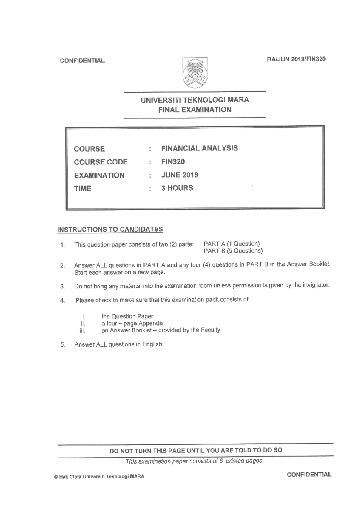 FIN320 - JUNE 2019 - Fundamental of Finance - Studocu