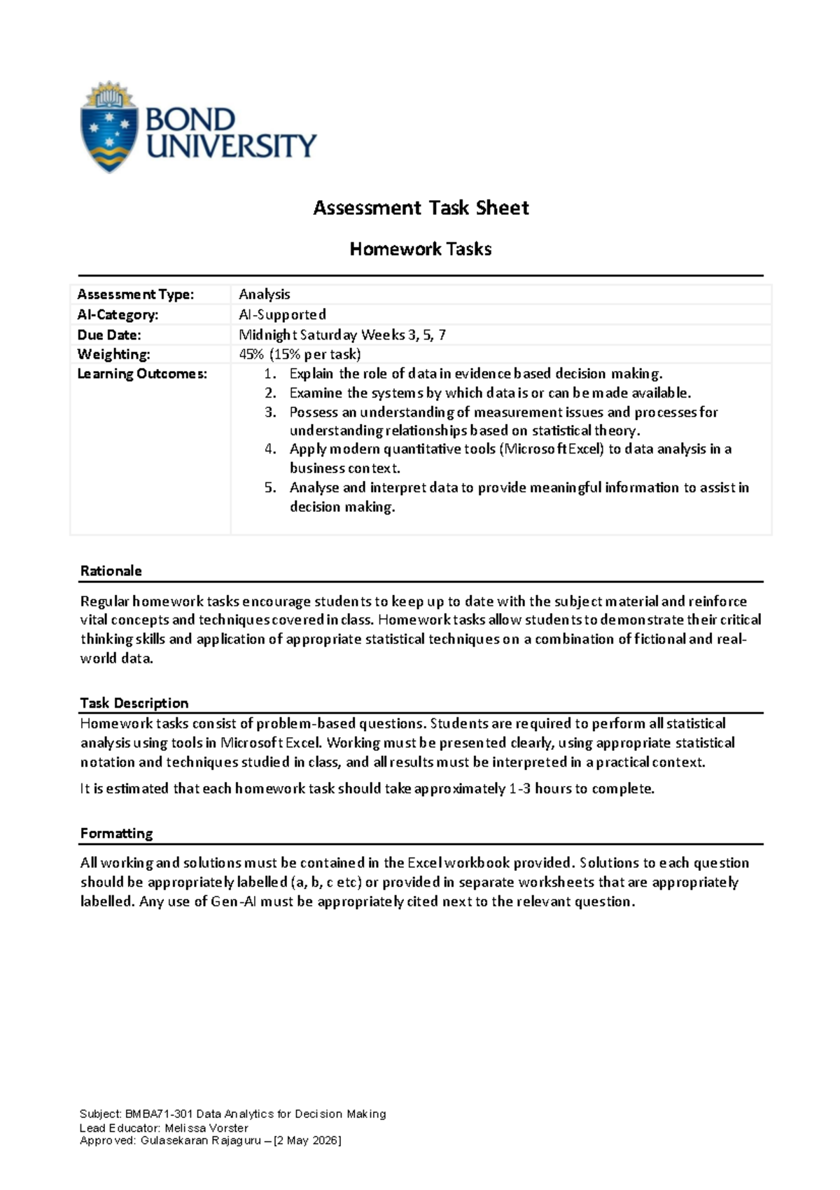 Data Analytics for Decision Making (DA101) - Homework Task Sheet - Studocu