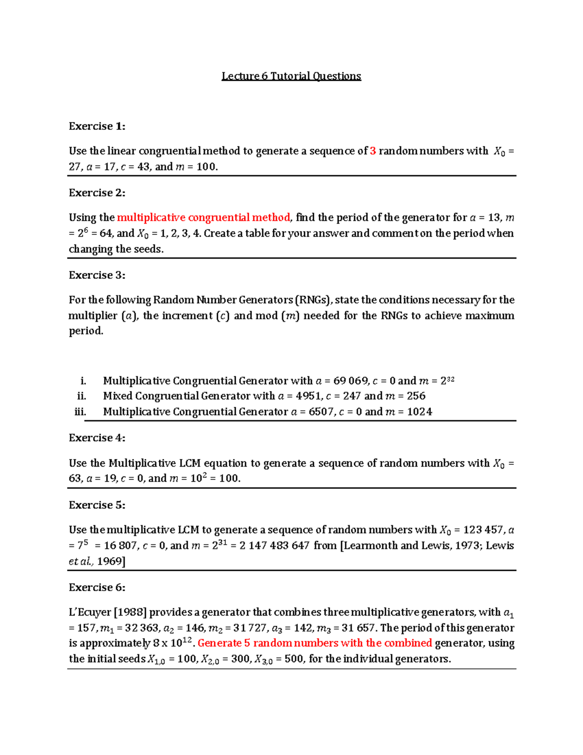 Lecture 6 Tutorial Questions on Random Number Generators - Studocu
