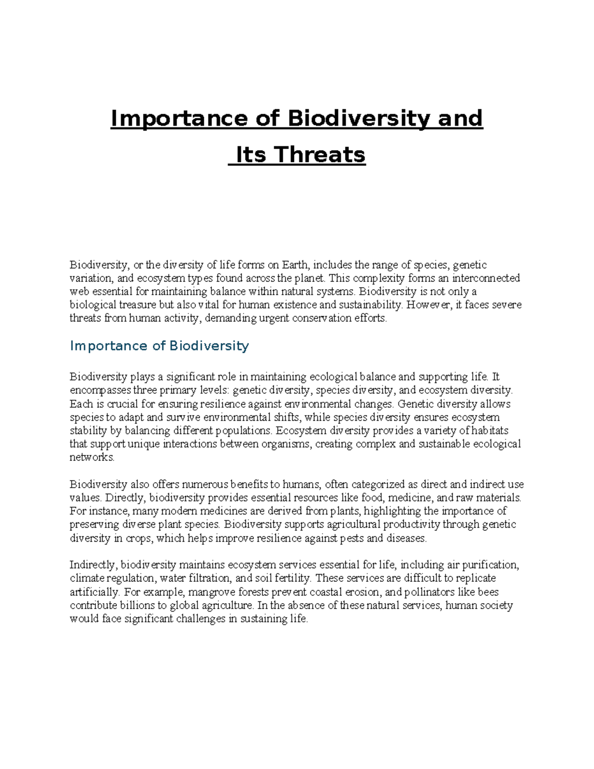 Life Science Assignment: The Vital Role & Threats of Biodiversity - Studocu