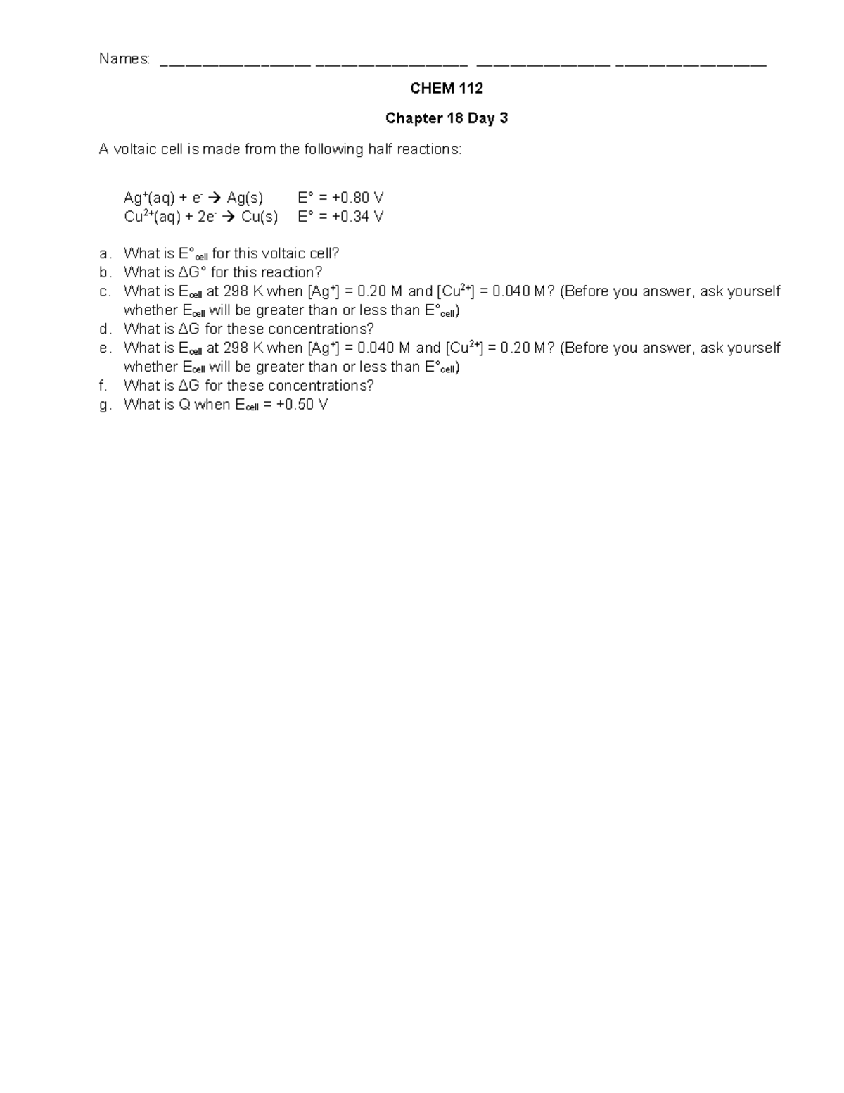 CHEM 112 Chapter 18 Day 3 - Names: __________________ __________________ ________________ - Studocu