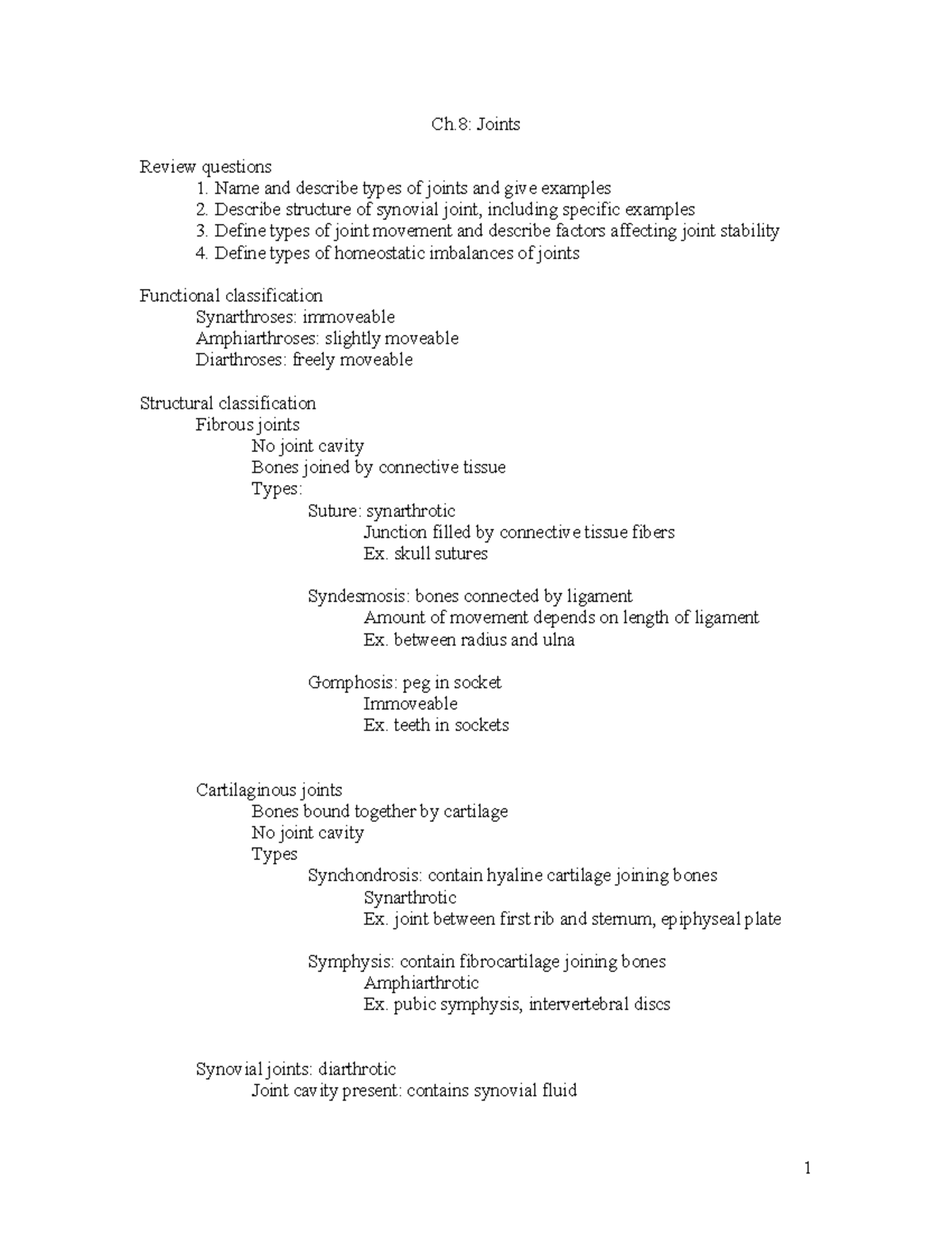 Ch. 8-9, 11: Joints & Muscle Physiology Exam Prep Notes - Studocu