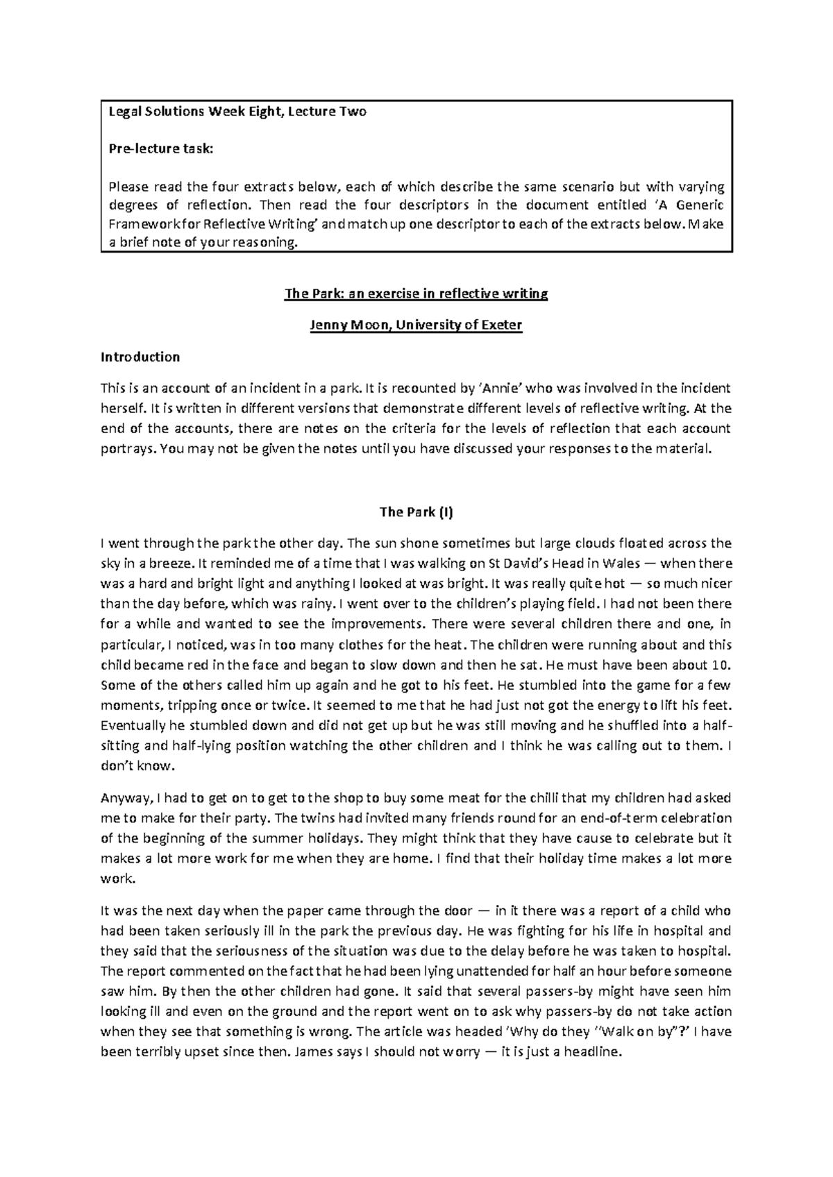 Week 8 - Lecture 2: Reflective Writing on "The Park" by Jenny Moon ...