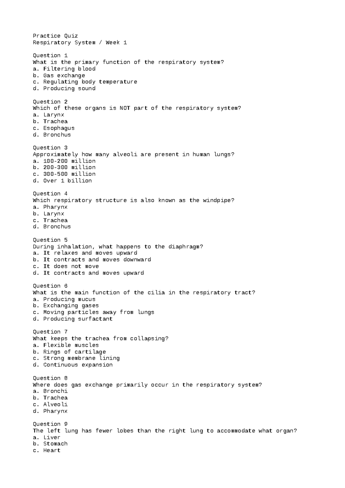 Respiratory System Quiz 1 - Week 1 Practice Questions - Studocu