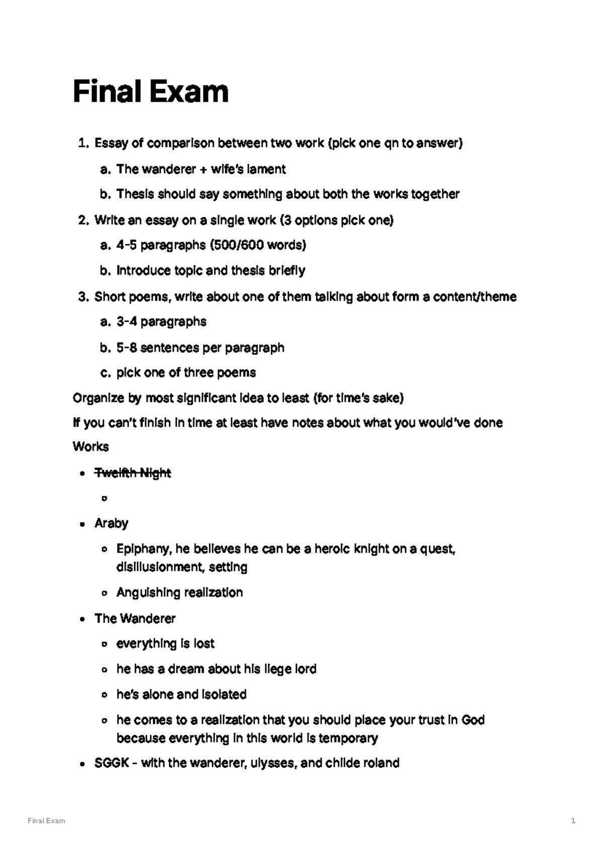 Final Exam Study Guide: ENGL1200 Comparative Essay & Poetry Analysis ...