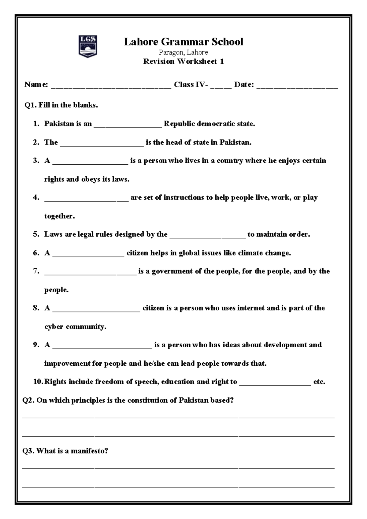 Grade 4 Social Studies Revision Worksheets - Lahore Grammar School ...