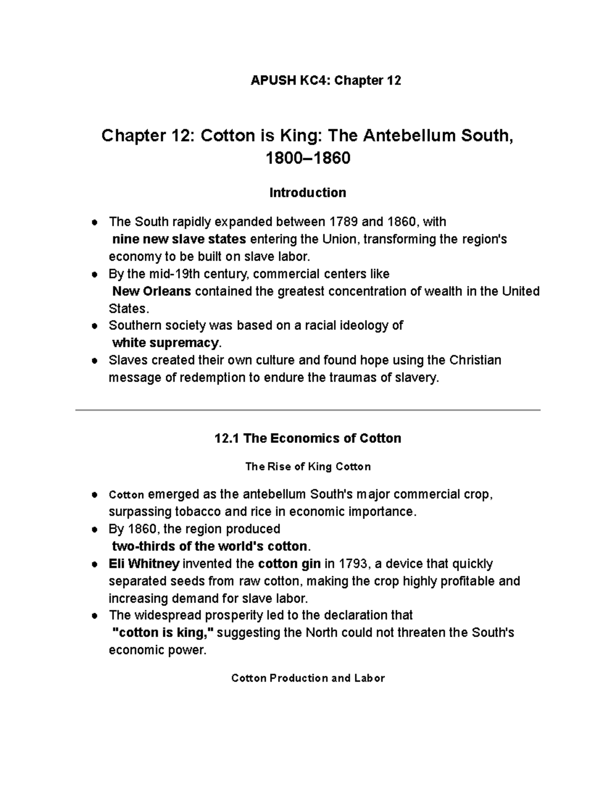 APUSH KC4: Chapter 12 - Cotton is King: The Antebellum South (1800-1860 ...