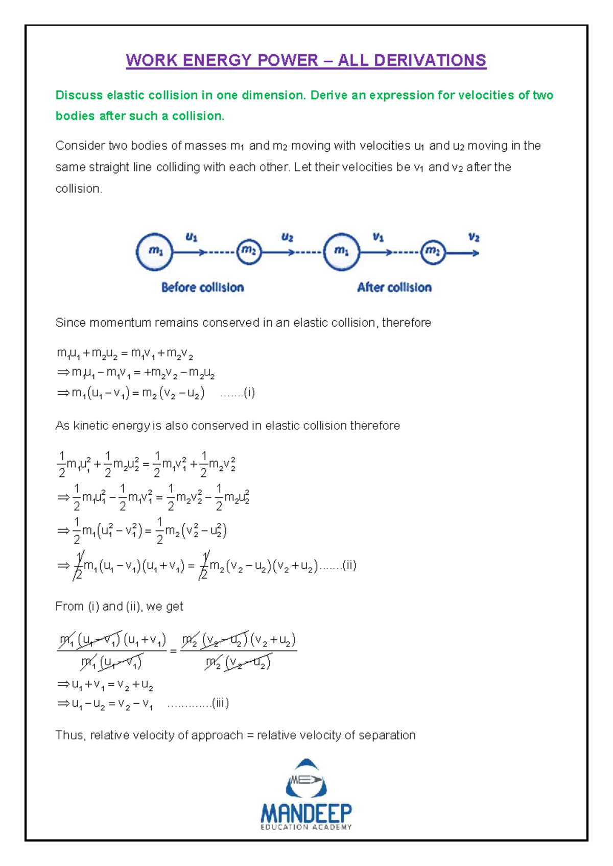 WORK Energy Power: All Derivations and Elastic Collision Analysis - Studocu