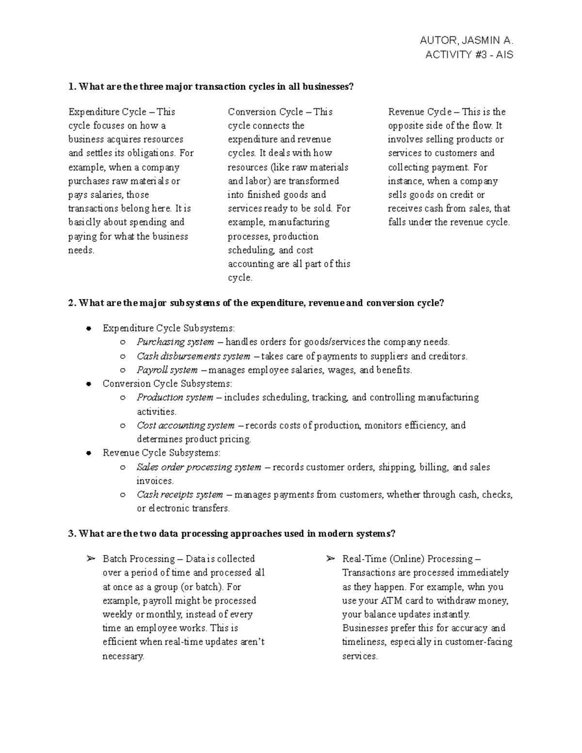AIS 1: Major Transaction Cycles & Subsystems in Accounting Systems ...