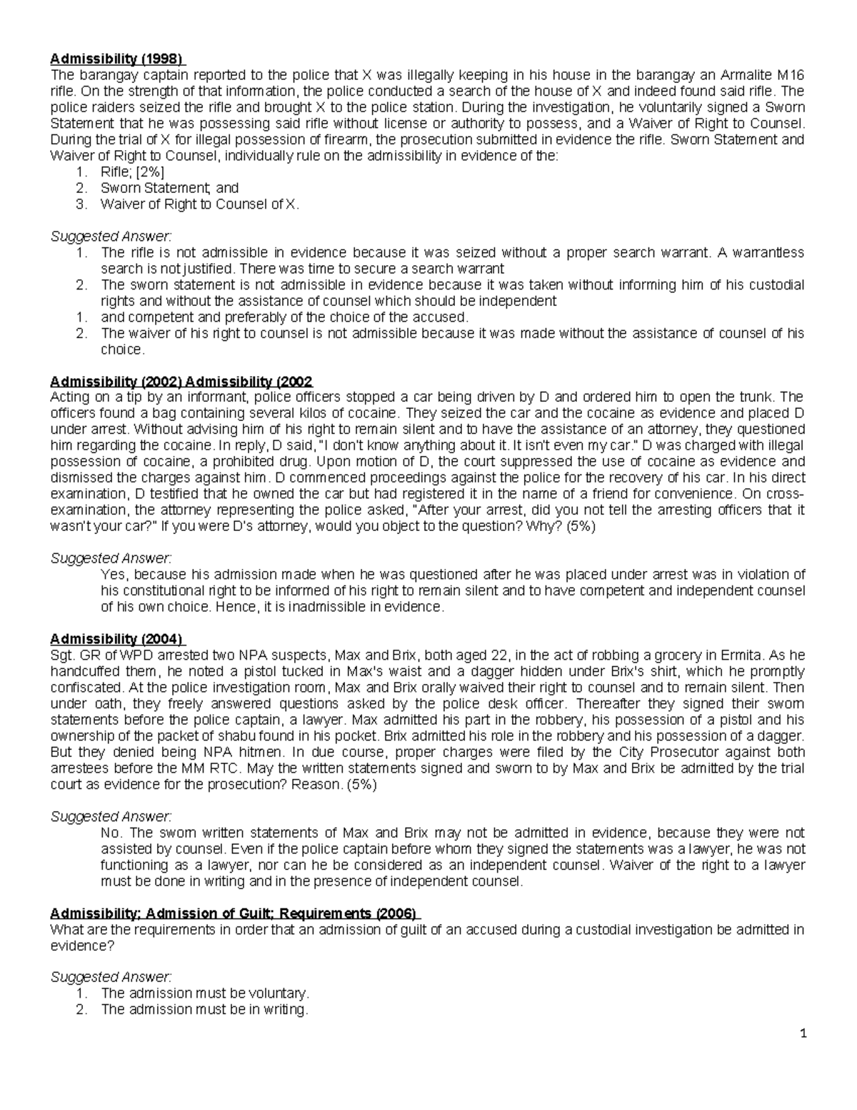 Evidence BAR Questions: Admissibility Issues and Case Analysis - Studocu