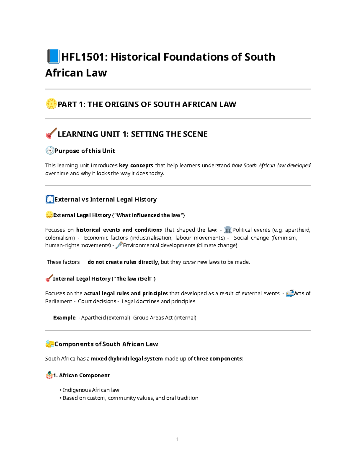 HFL1501: Historical Foundations of South African Law - Unit Summaries ...