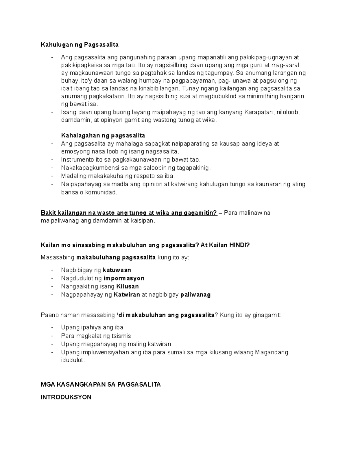 Kahalagahan ng Pagsasalita at mga Kasangkapan | Komunikasyon 101 - Studocu