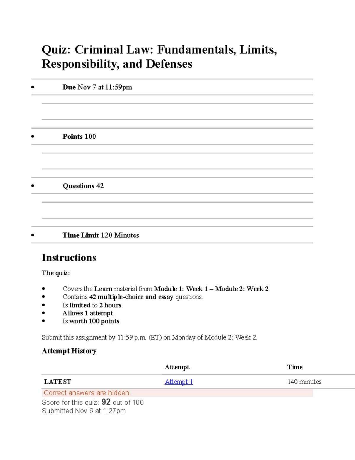 CJUS 400 Quiz 1 - Graded: Criminal Law Fundamentals Review - Studocu