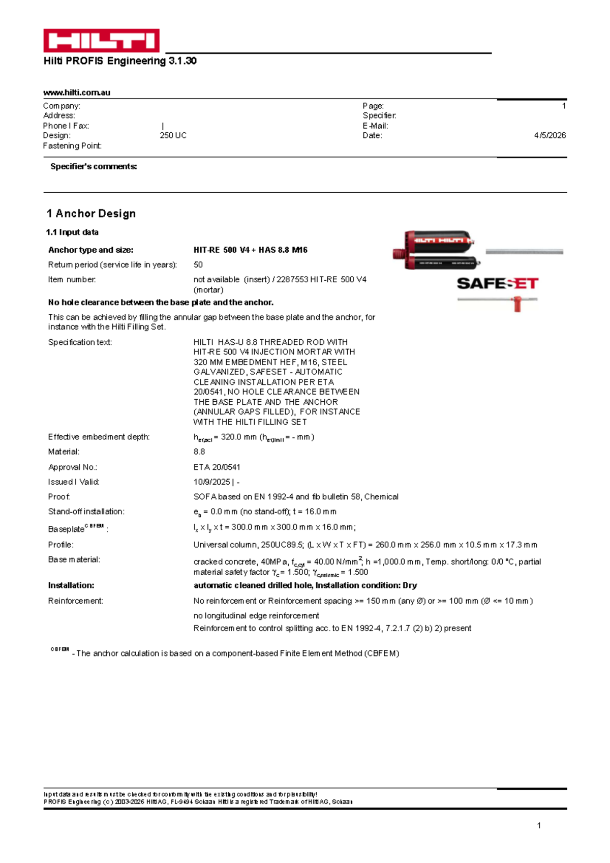 Hilti PROFIS Engineering 3.1.30 - Anchor Design for 250 UC - Studocu