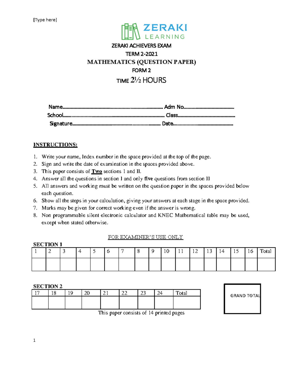 Mathematics Form 2 Question Paper - Zeraki Achievers Exam 2021 - Studocu