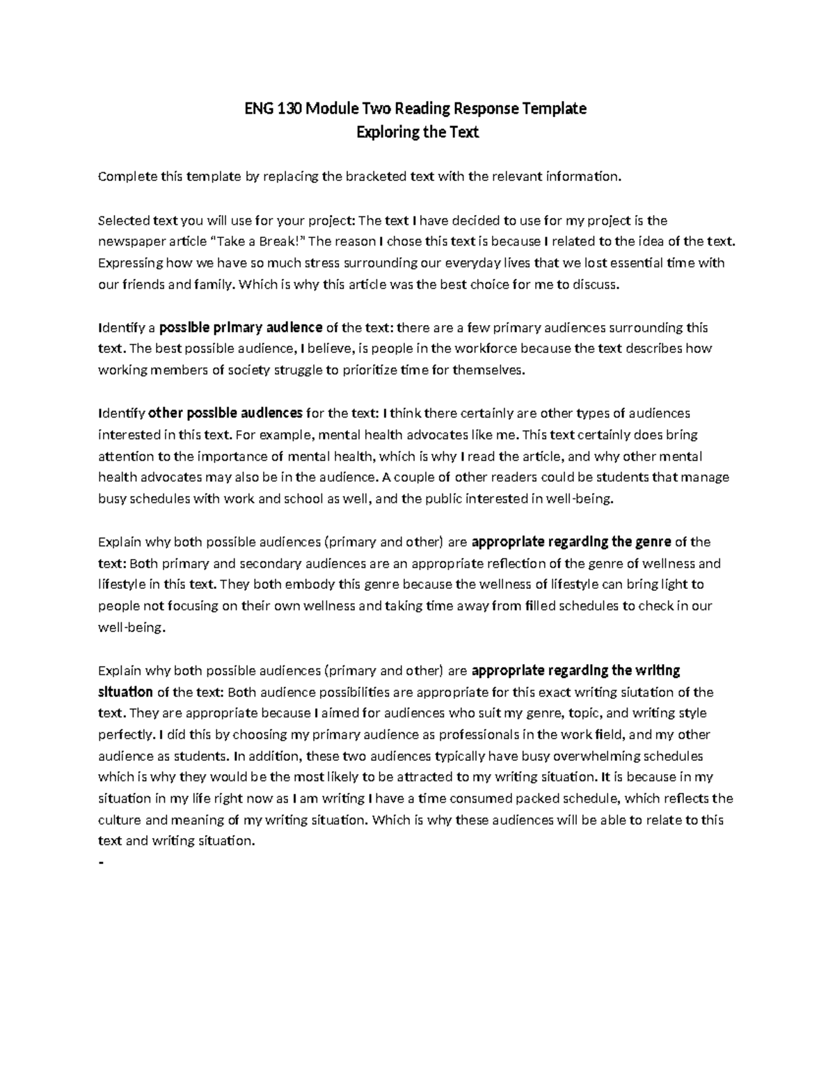 ENG 130 Module Two Reading Response: Analyzing Audience and Genre - Studocu