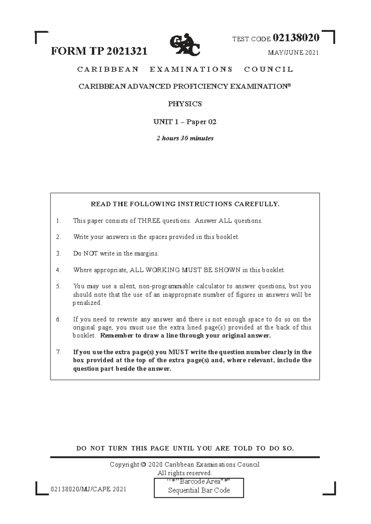 CAPE Physics Unit 1 Paper 2 Exam 2021 - Studocu