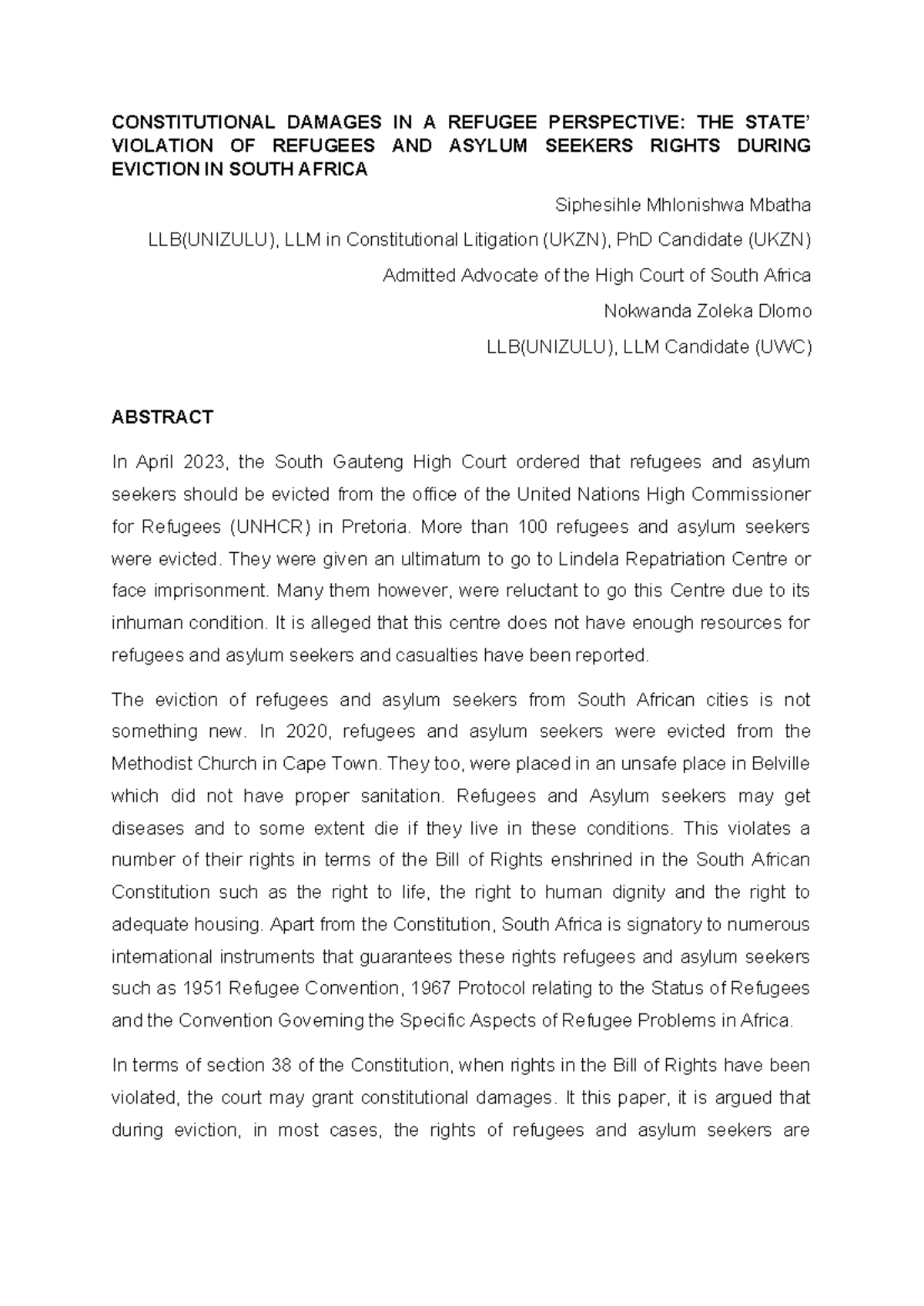 UFS Paper FOR Submission - CONSTITUTIONAL DAMAGES IN A REFUGEE ...