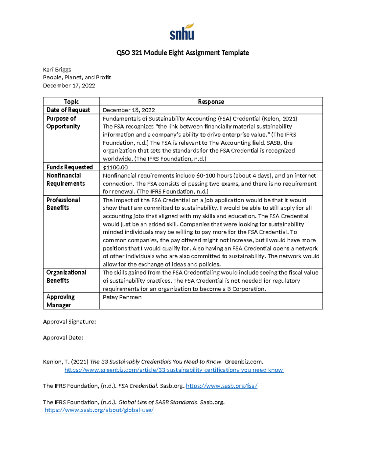 QSO 321 Module 8 Assignment: FSA Credential Impact on Sustainability ...