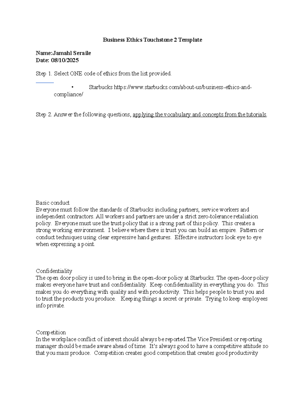 Business Ethics Touchstone 2: Starbucks Code Analysis - Studocu