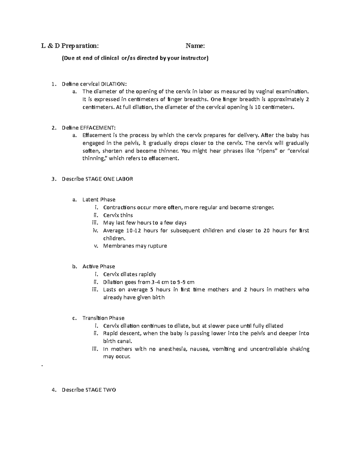 Labor & Delivery Worksheet (L&D): Stages, Definitions, and Pain Control ...