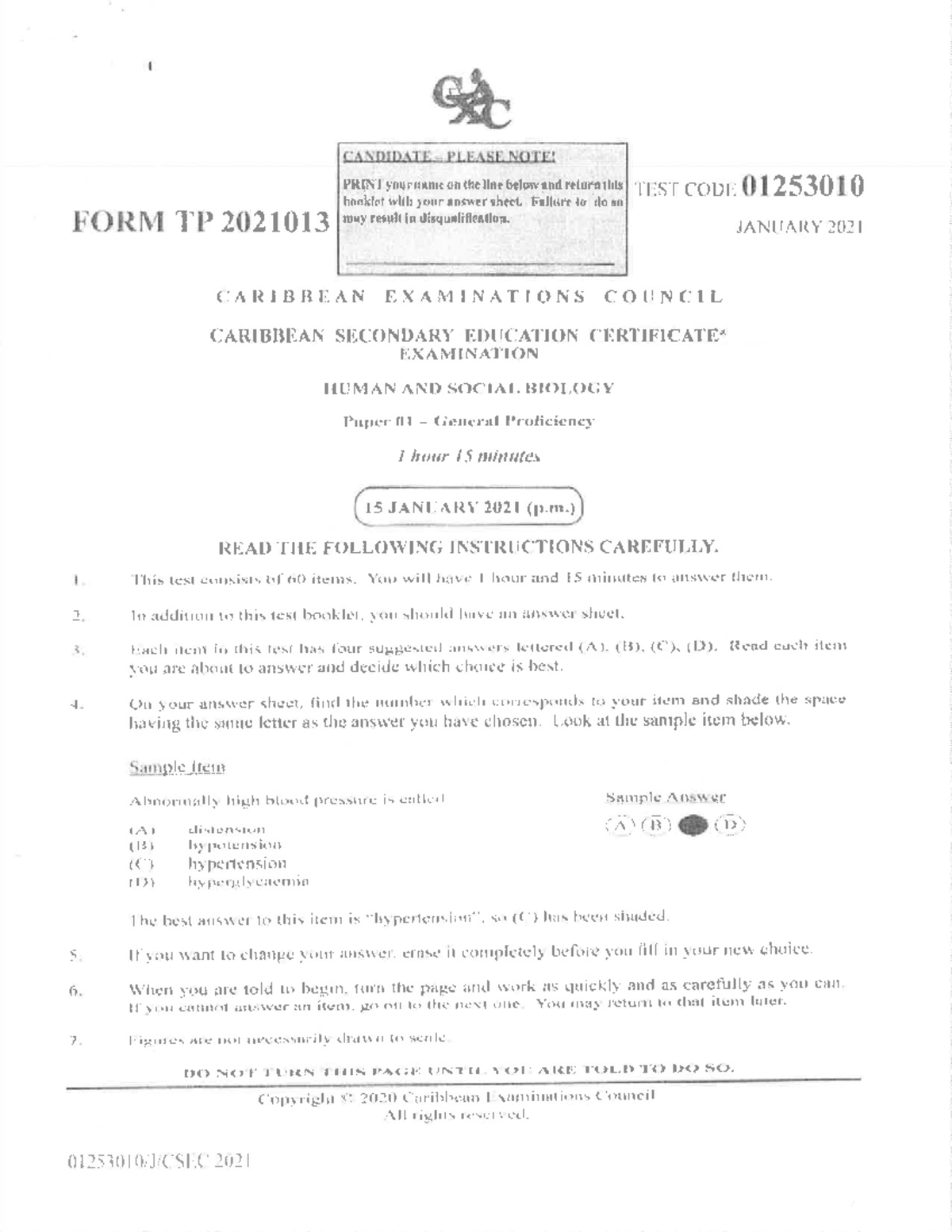 Jan 2021 HSB - Caribbean Secondary Education Exam Paper 01 - Studocu