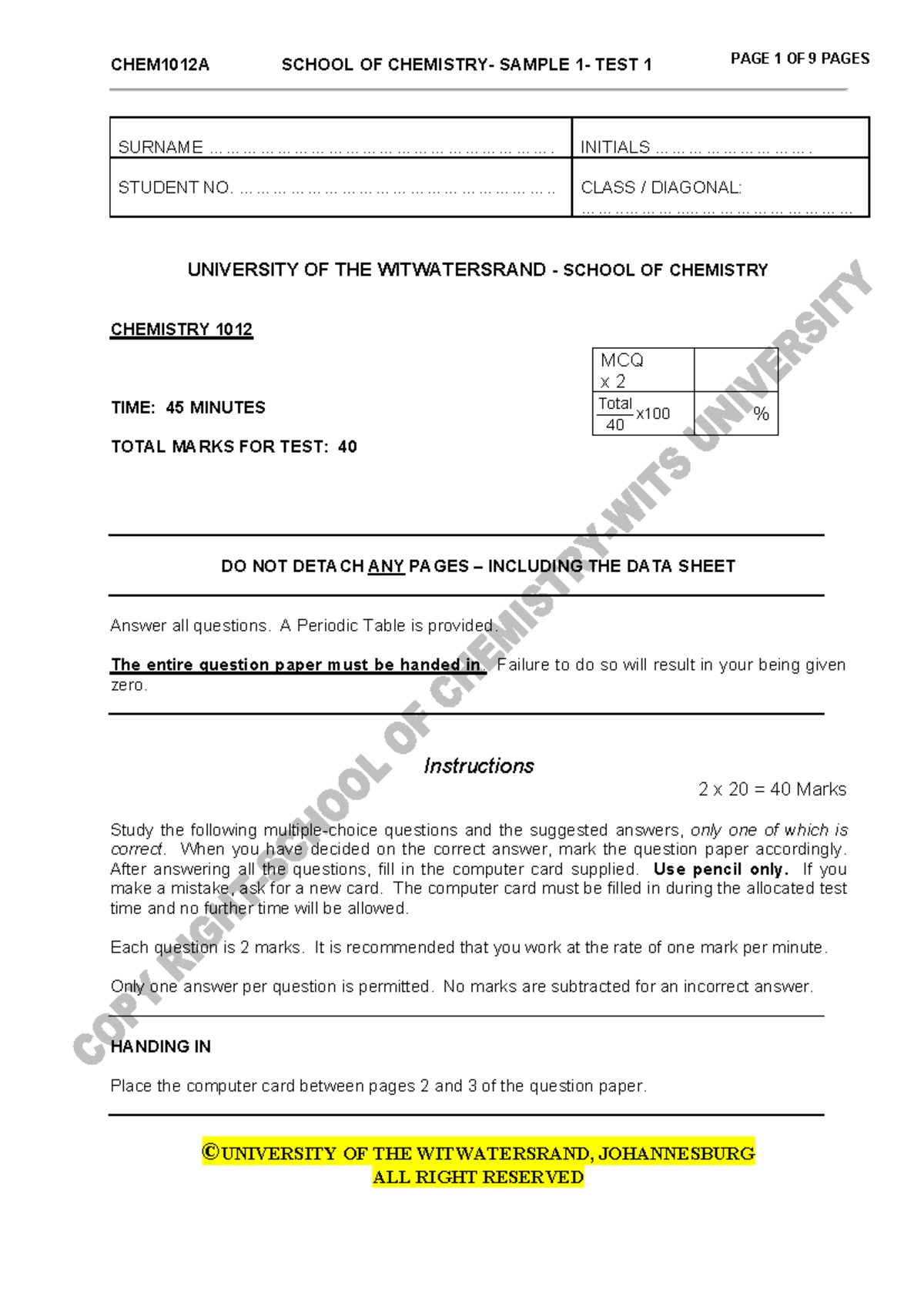 CHEM1012A Sample Test 1 - Chemistry Fundamentals - Studocu