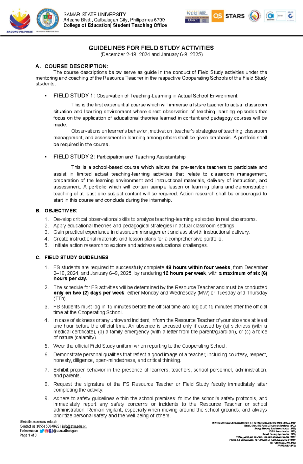 Guidelines-FOR- Field- Study- Activities - WURI Fourth Industrial Revolution | Rank 1 in the ...