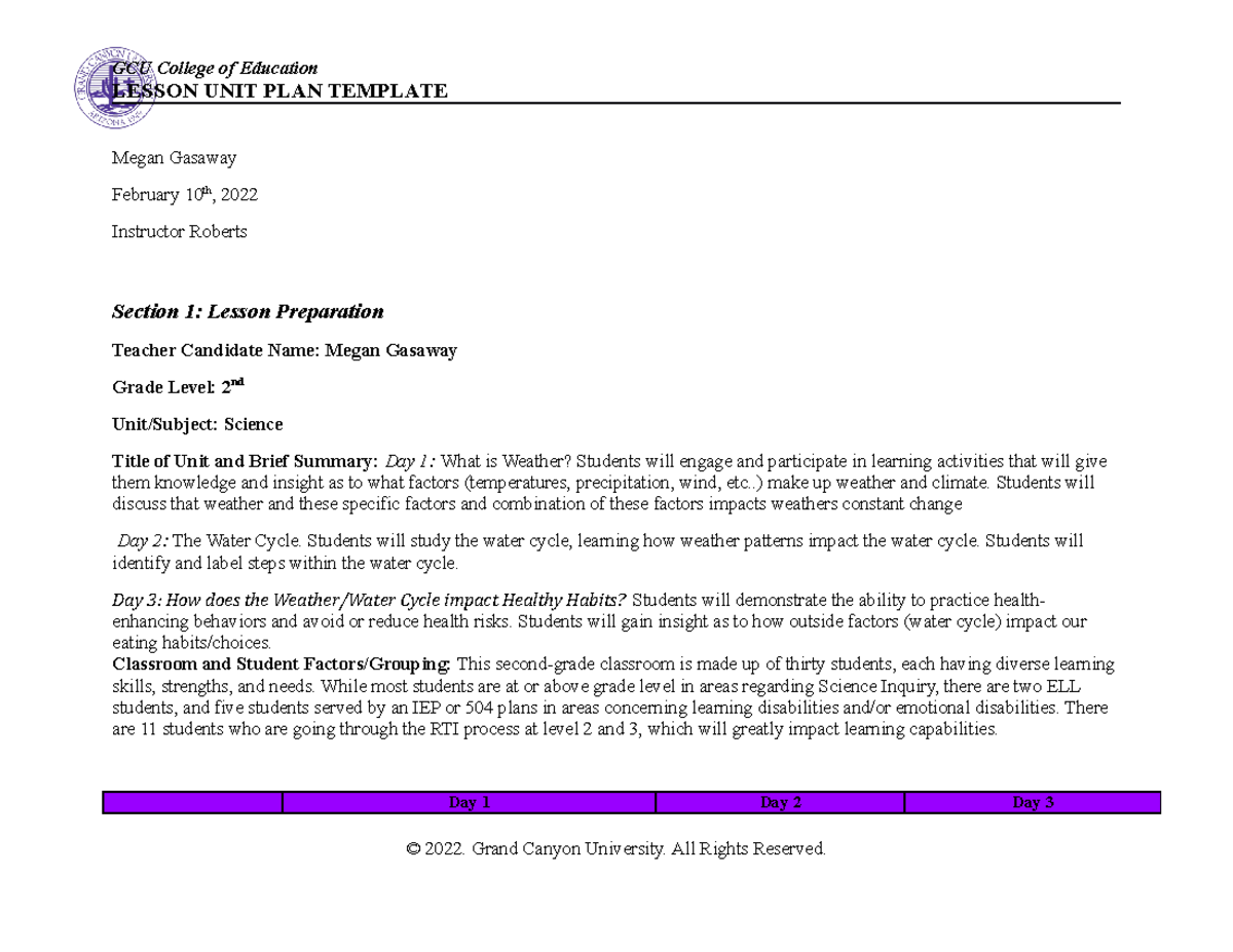 GCU 2nd Grade Science Unit Plan: 3-Day Benchmark on Weather - Studocu