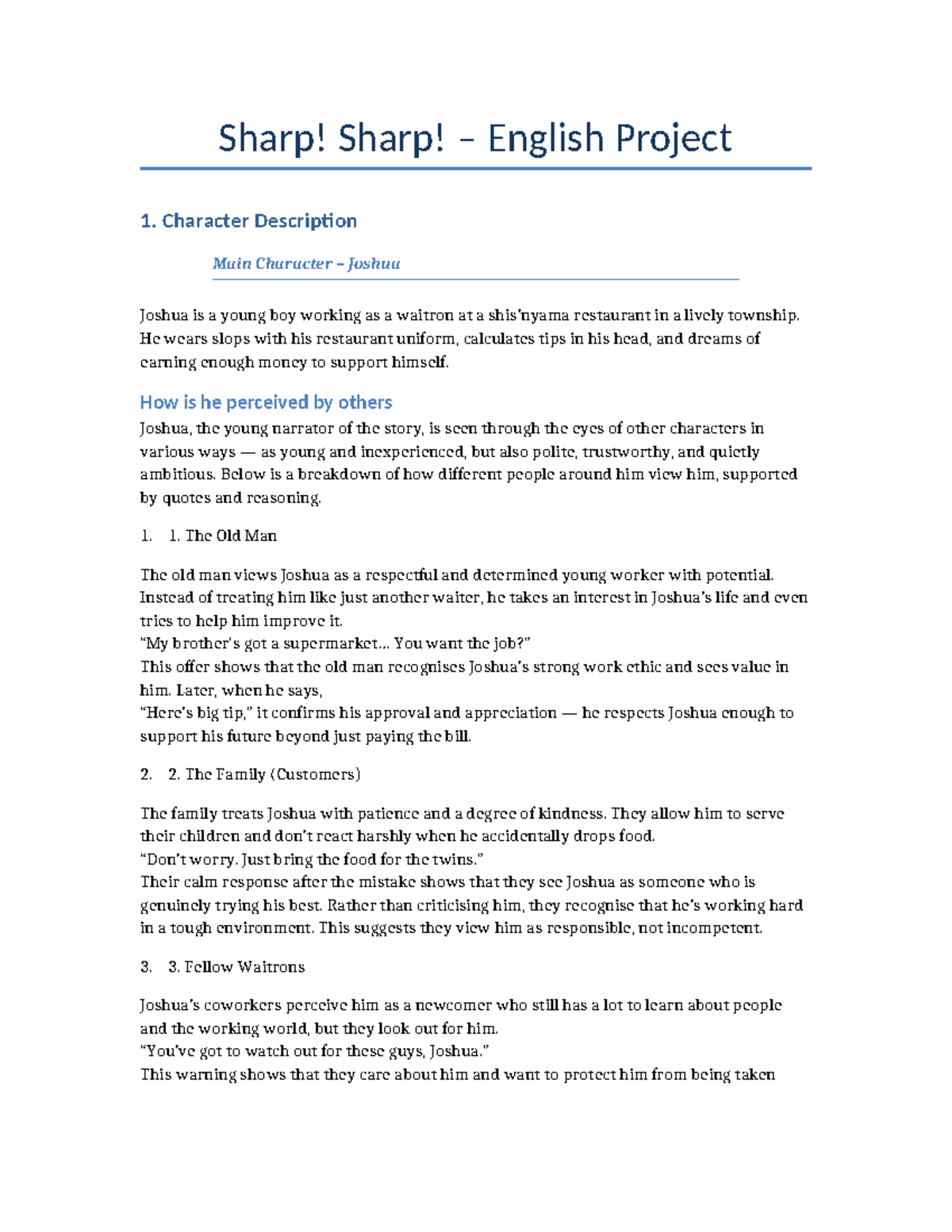 Sharp! Sharp! English Project 1: Character Analysis of Joshua - Studocu