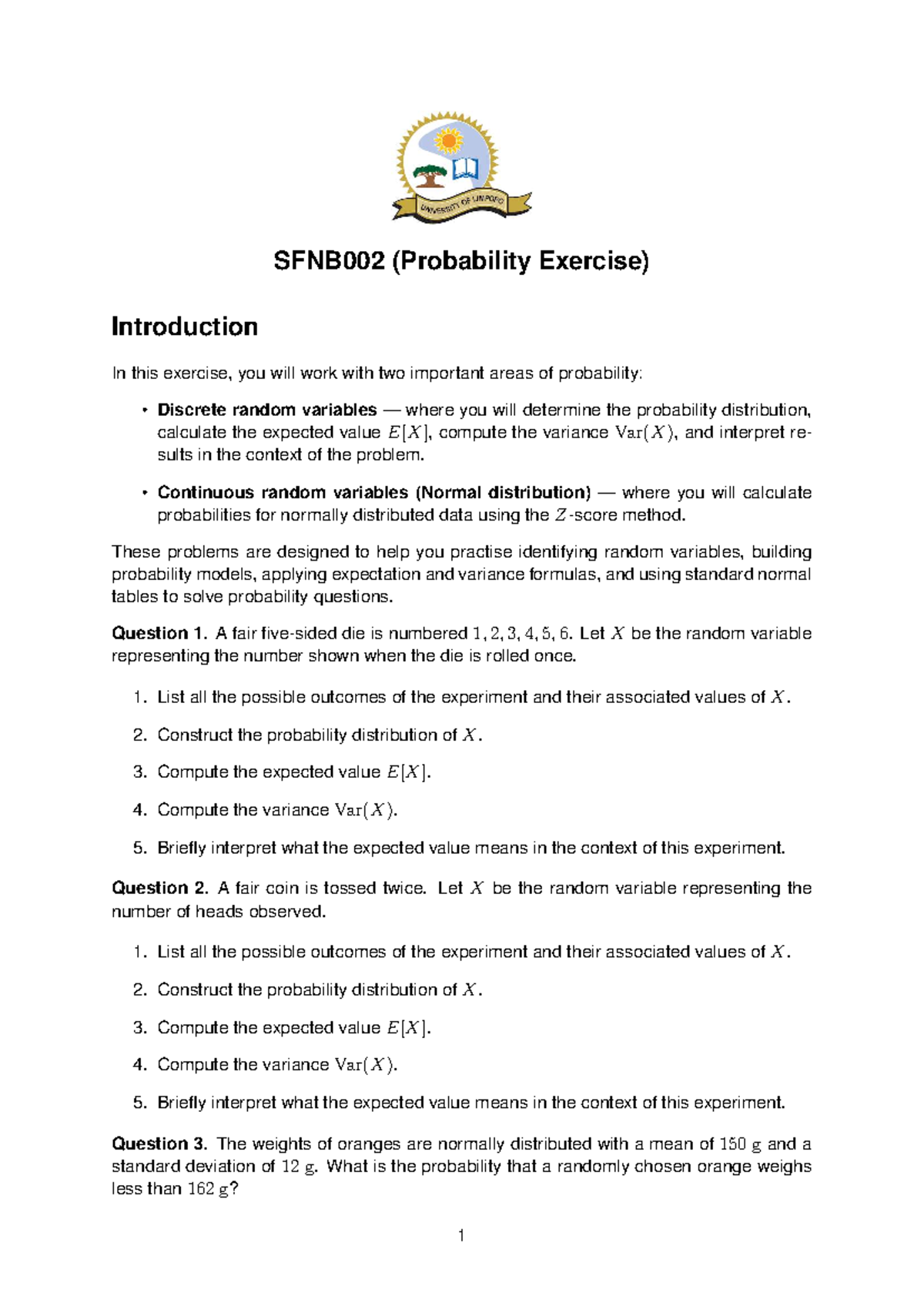 SFNB002 Probability Exercise: Discrete & Continuous Variables - Studocu