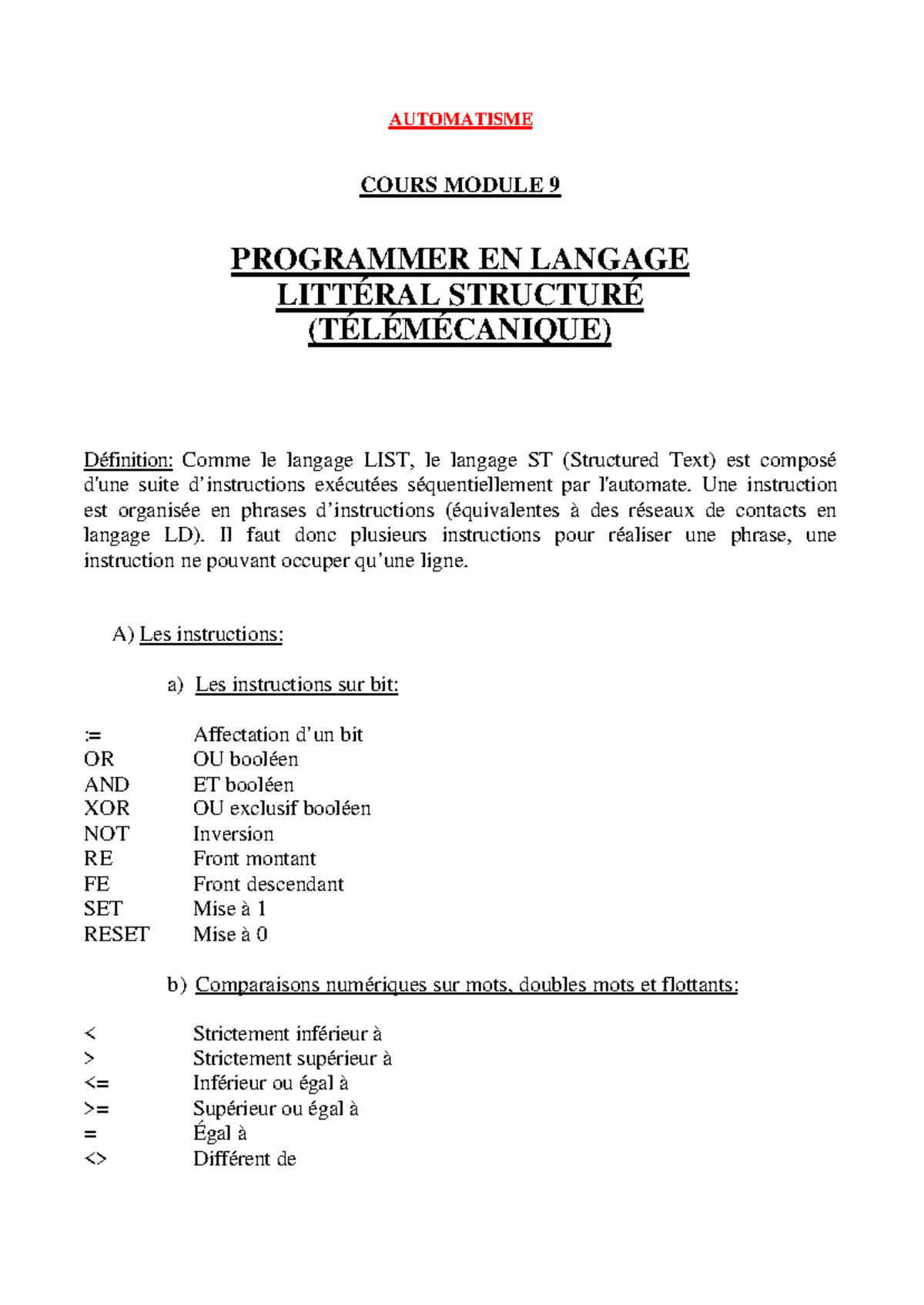 Programmation en Langage Structuré (Télémécanique) - Cours Module 9 ...