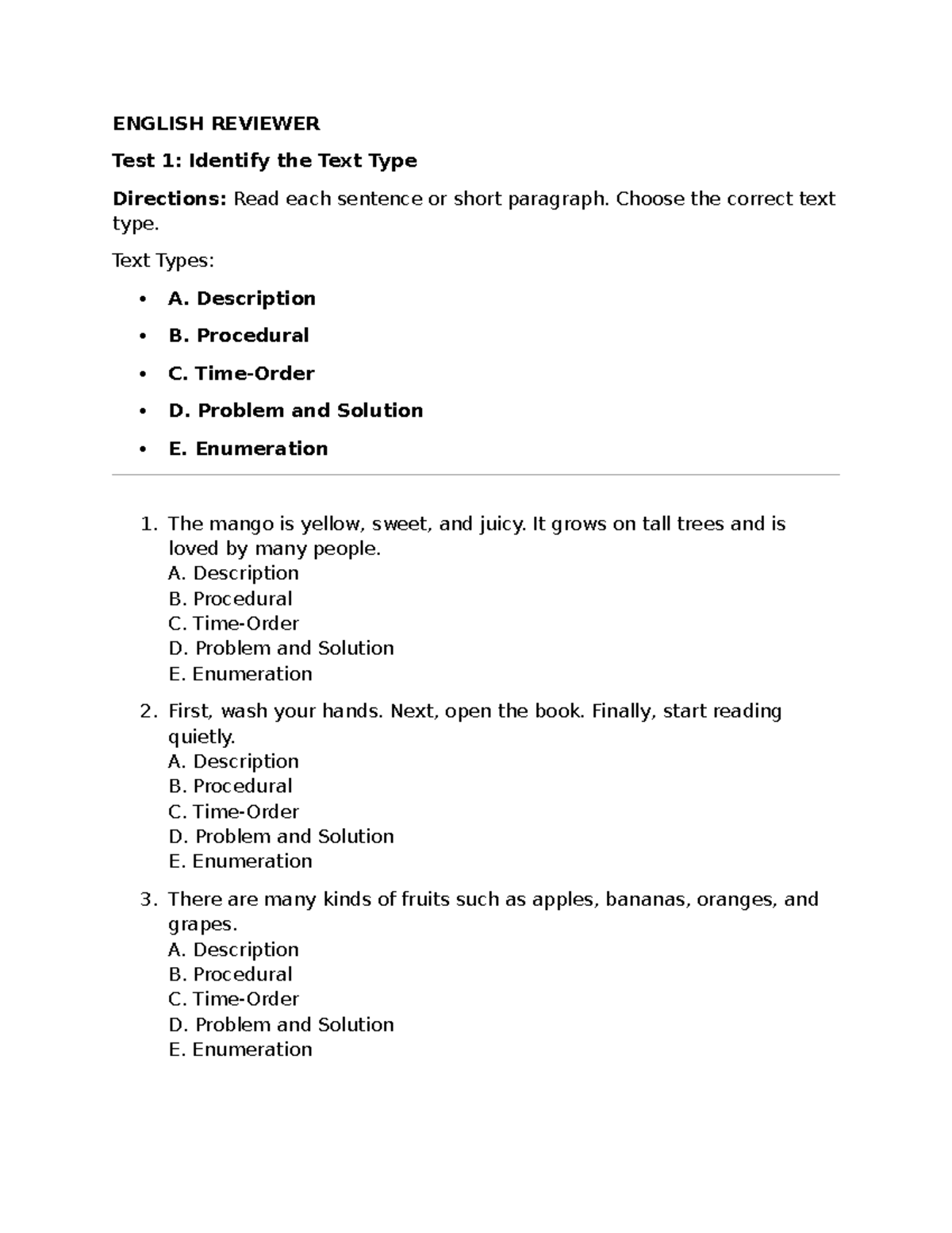 ENGLISH REVIEWER Test 1 & 2: Text Types & Fact vs Opinion - Studocu