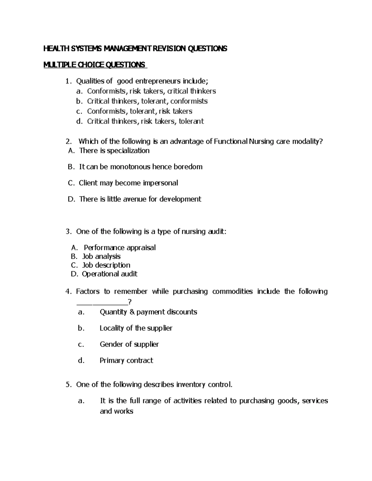 HSM Revision Questions - HEALTH SYSTEMS MANAGEMENT REVISION QUESTIONS ...