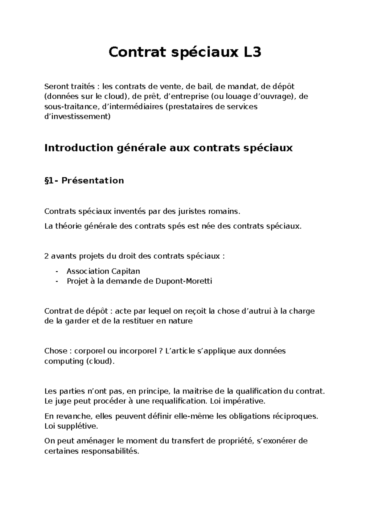 Contrats Spéciaux L3 - Notes de Cours et Concepts Clés - Studocu
