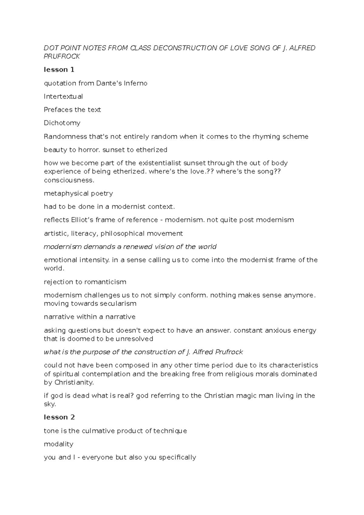 DOT Point Notes: Deconstruction of "The Love Song of J. Alfred Prufrock ...