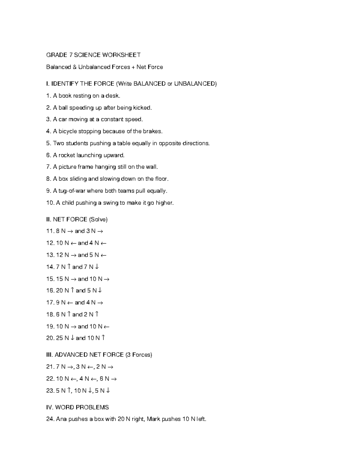 Grade 7 Science Worksheet: Balanced & Unbalanced Forces - Studocu