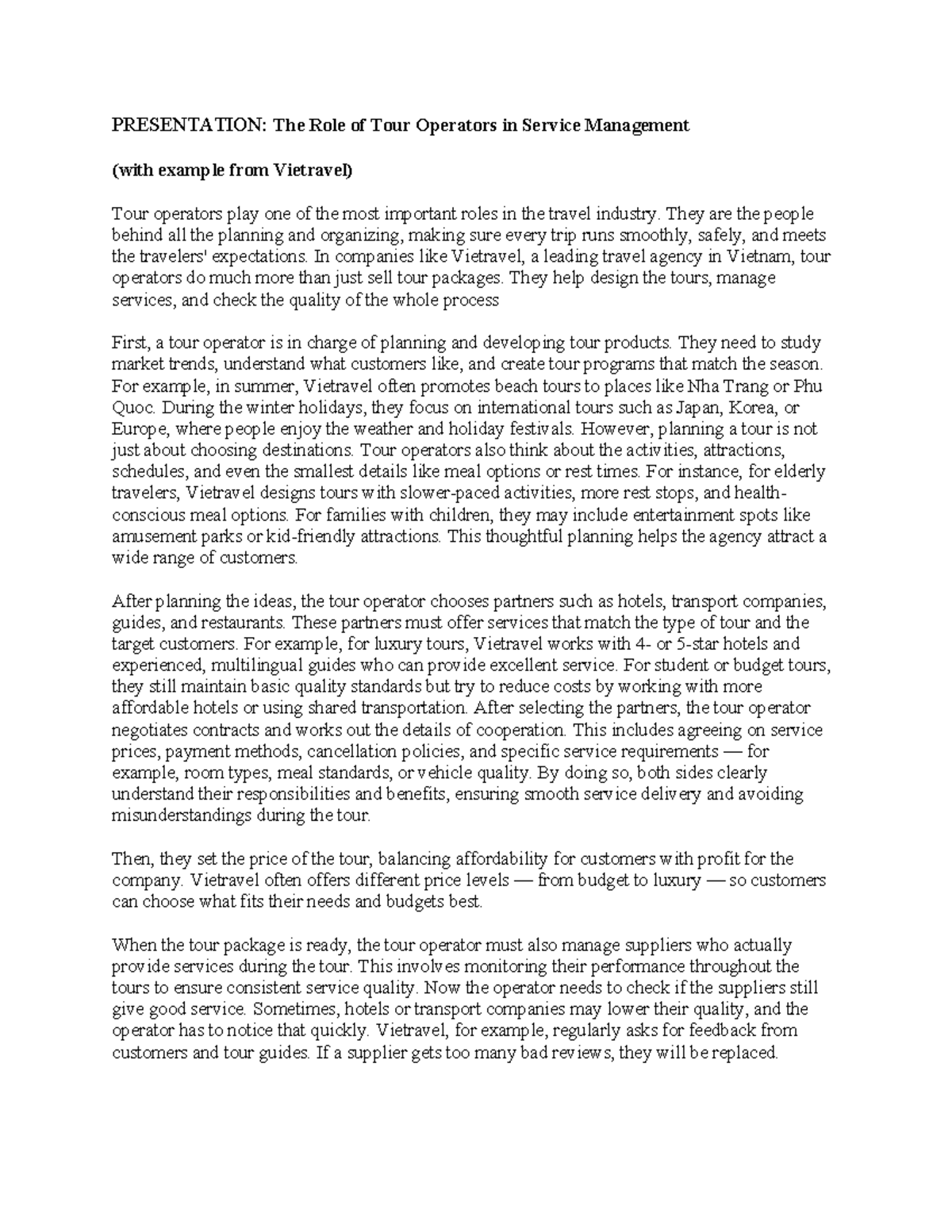 PRESENTATION: The Role of Tour Operators in Service Management - Studocu