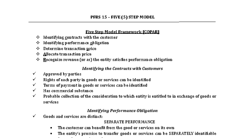 PFRS 15 Handouts: Understanding the Five-Step Revenue Model - Studocu