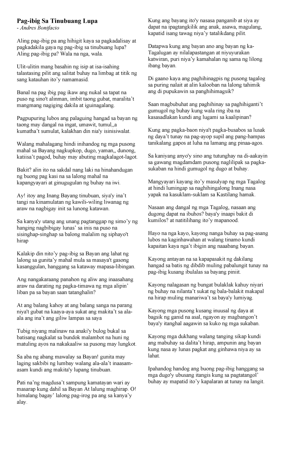 Pag-ibig Sa Tinubuang Lupa: Isang Pagsusuri ng Puso at Bayan - Studocu