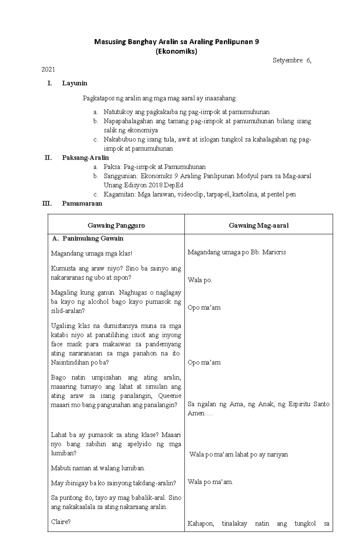 Masusing Banghay Aralin sa Ekonomiks 9: Pagiimpok at Pamumuhunan - Studocu