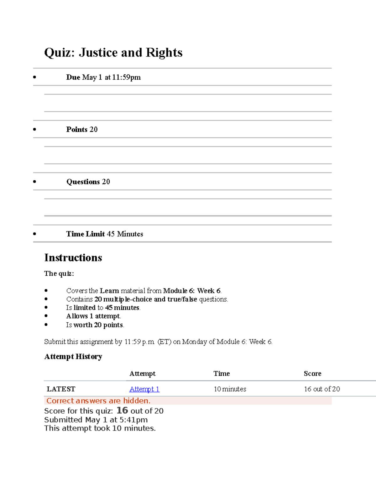 345 Quiz Week 6 - Justice and Rights Overview and Instructions - Studocu