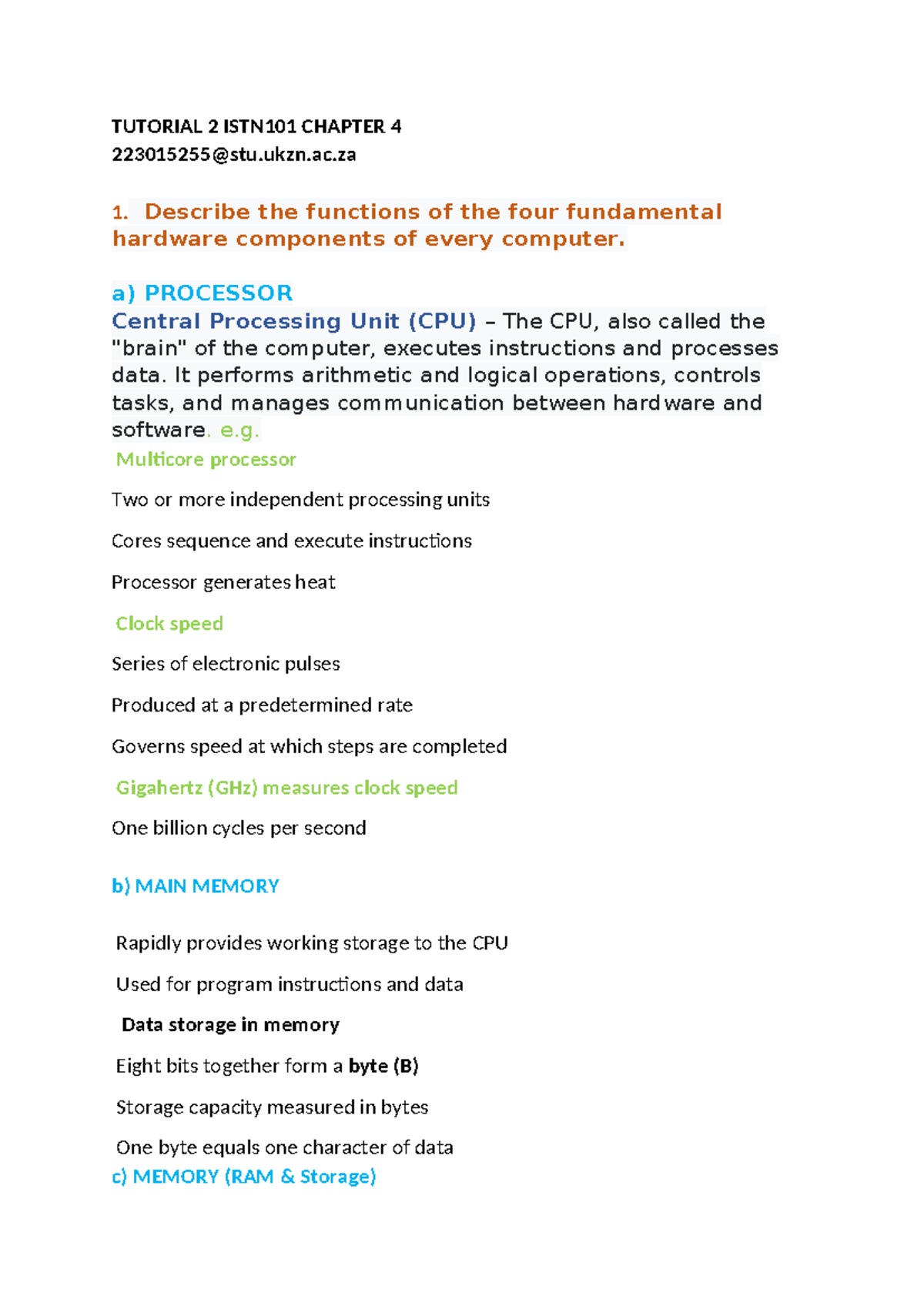 Tutorial 2 ISTN101: Functions of Computer Hardware Components - Studocu